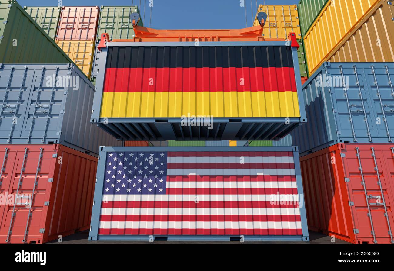 Container Terminal. Two cargo Container with Germany and USA flags. 3D ...