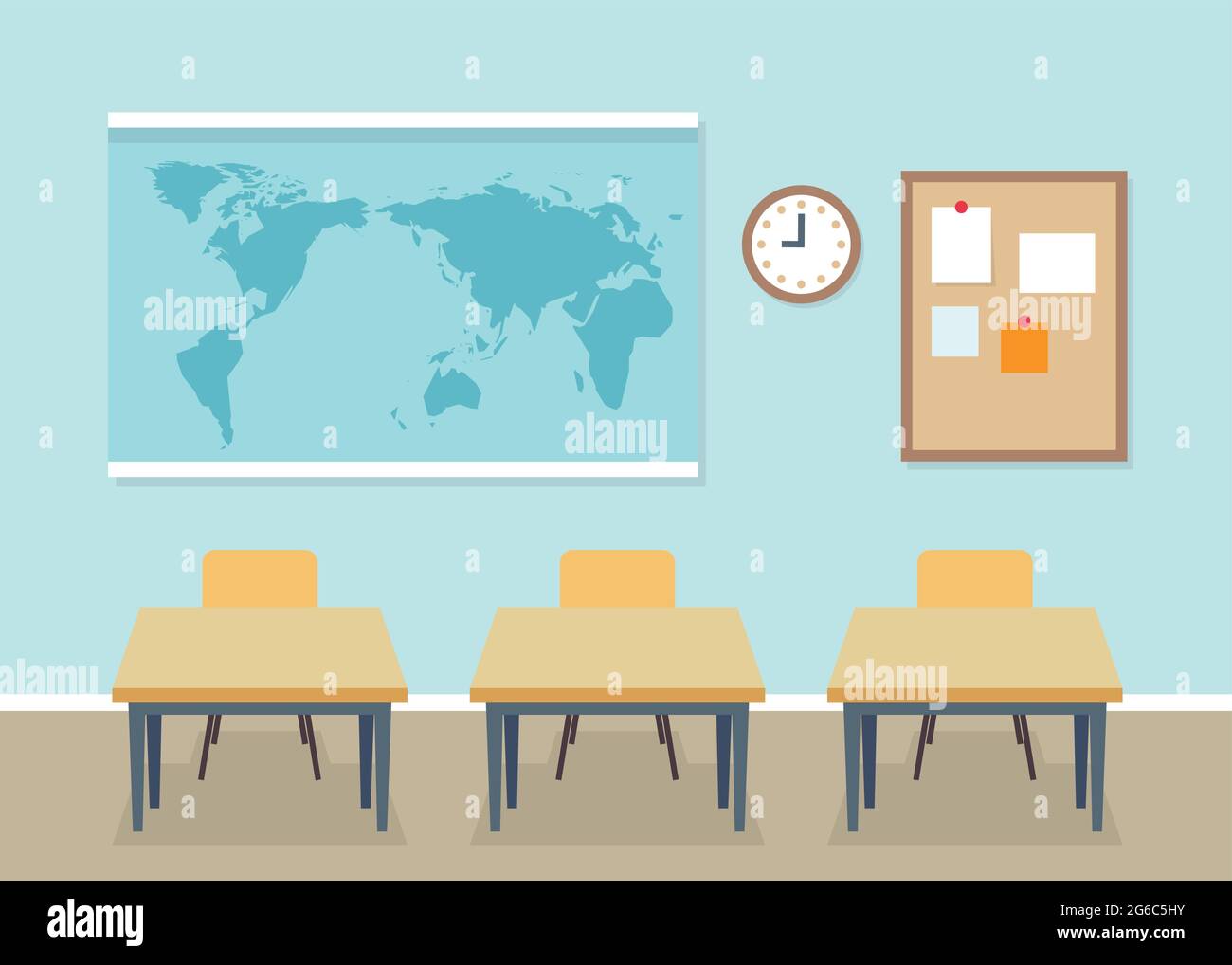 School classroom interior with desks, map behind, back to school ...