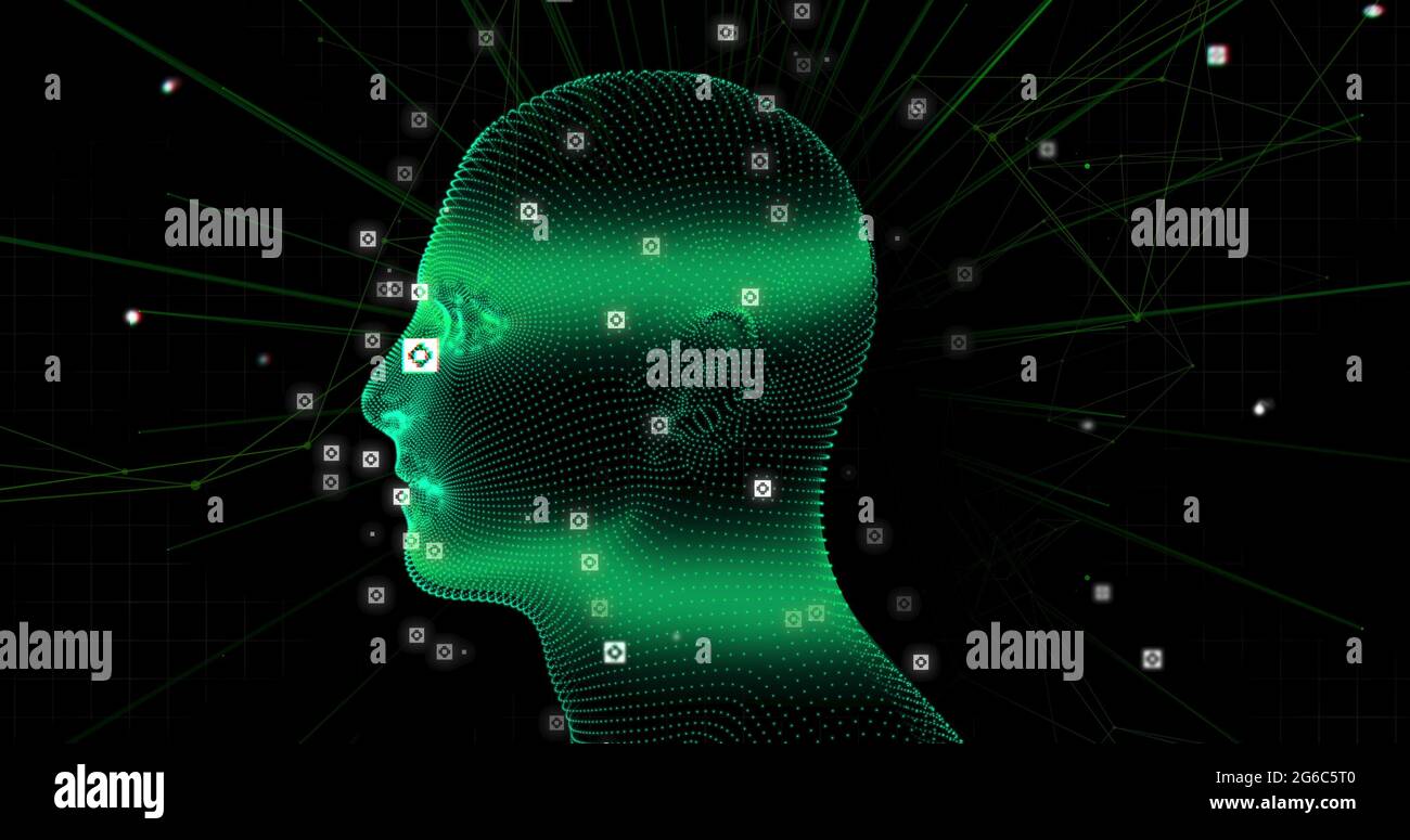 Spinning brain against network of connections on black background Stock ...