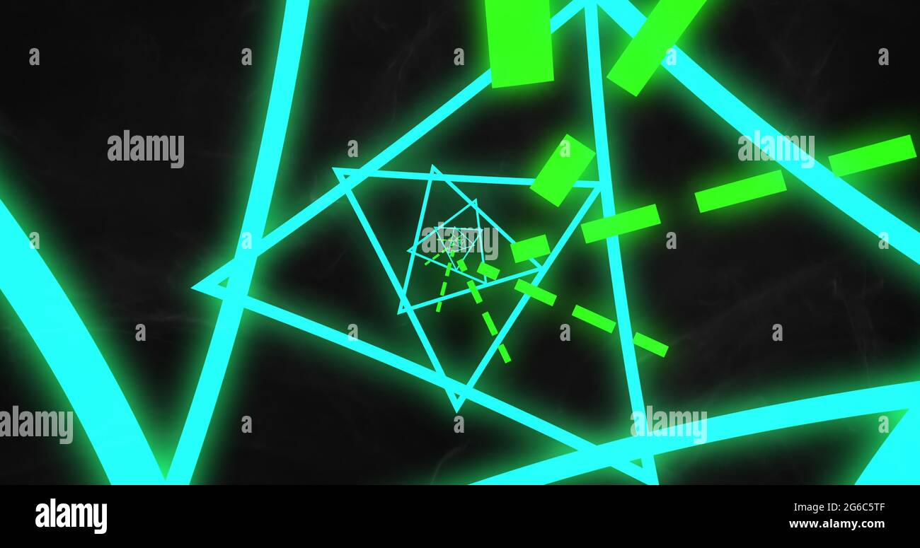 Multiple neon triangle shapes spinning against black background Stock ...