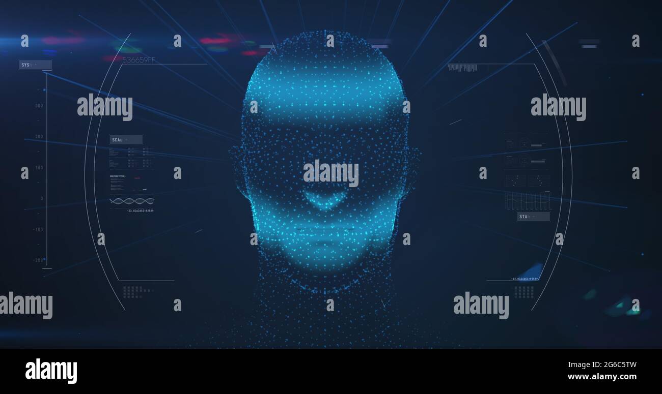 Human head model spinning against data processing on blue background ...