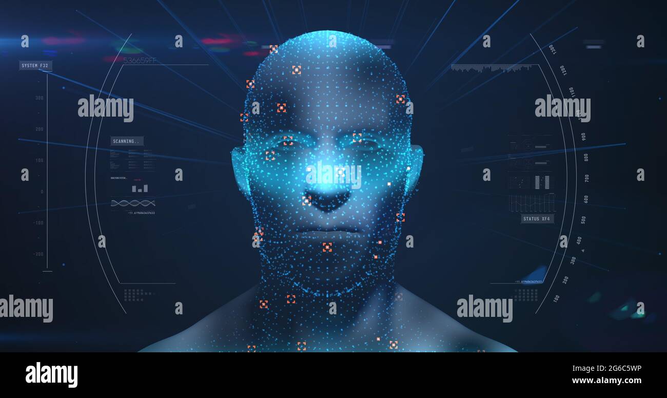Human head model spinning against data processing on blue background ...