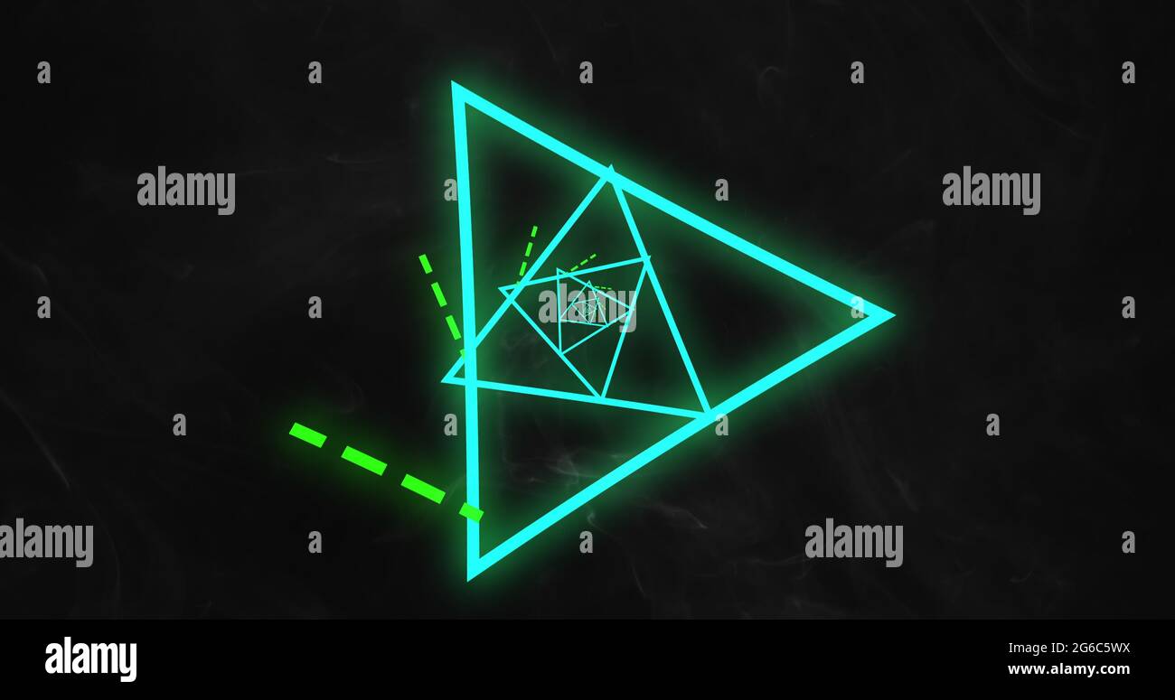 Multiple neon triangle shapes spinning against black background Stock ...