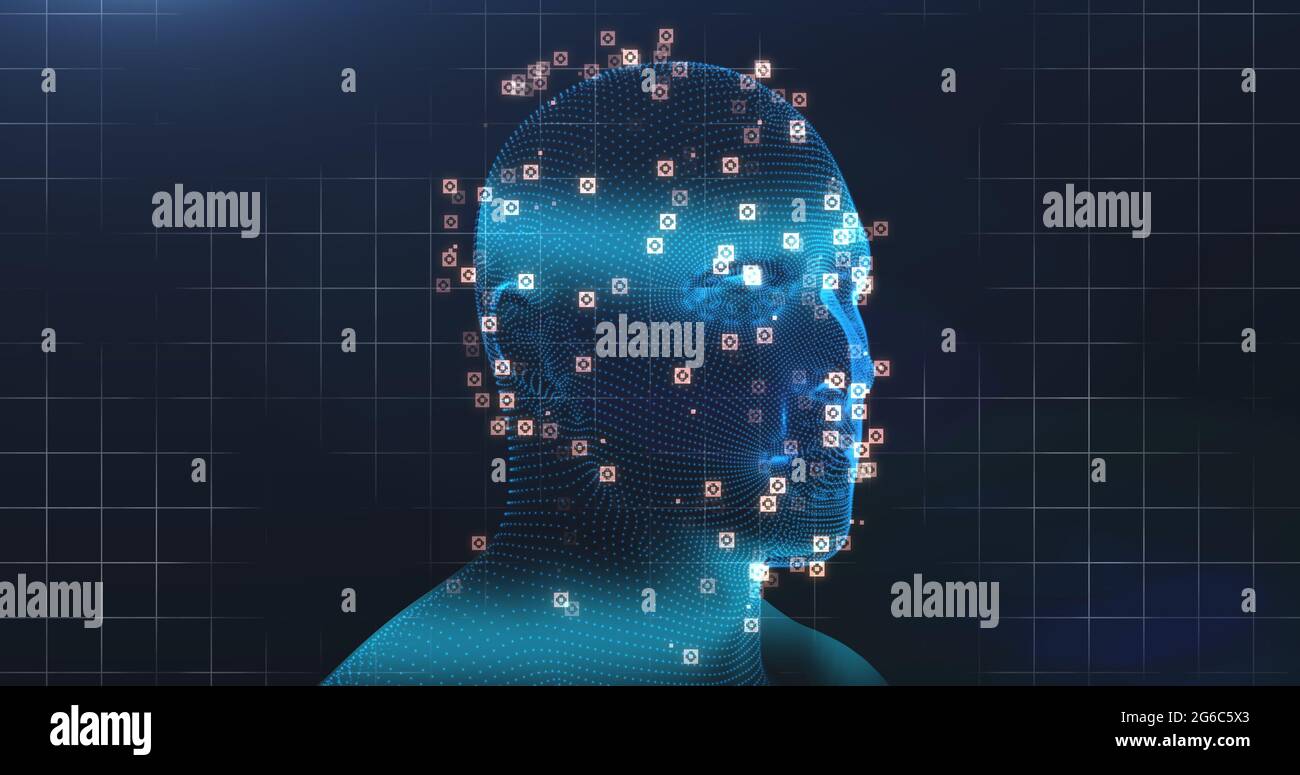 Human head model spinning against grid lines on blue background Stock ...