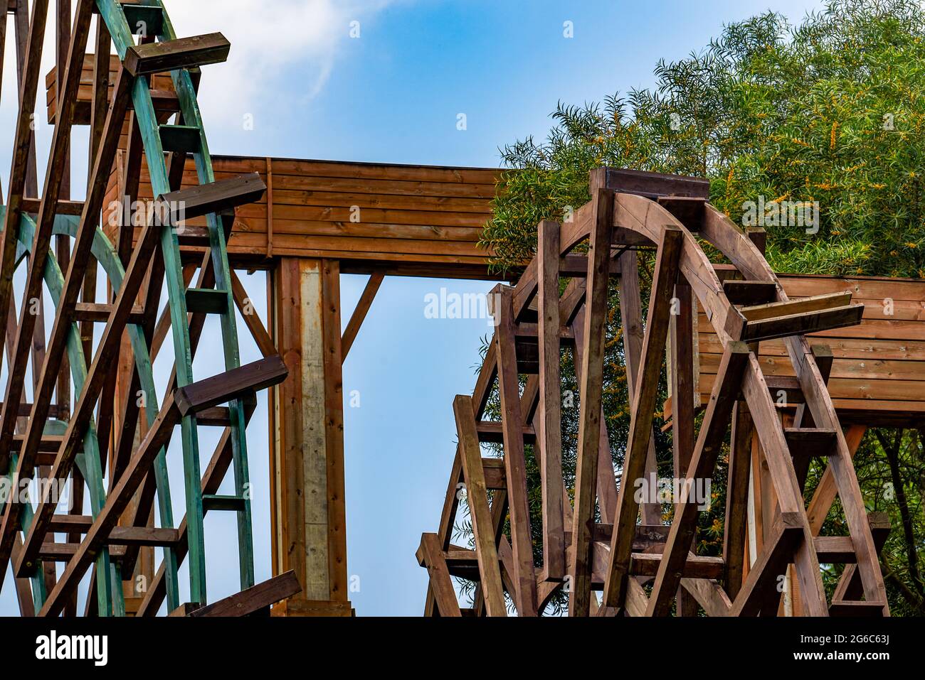 Chinese village traditional wooden waterwheel close-up, farming ...