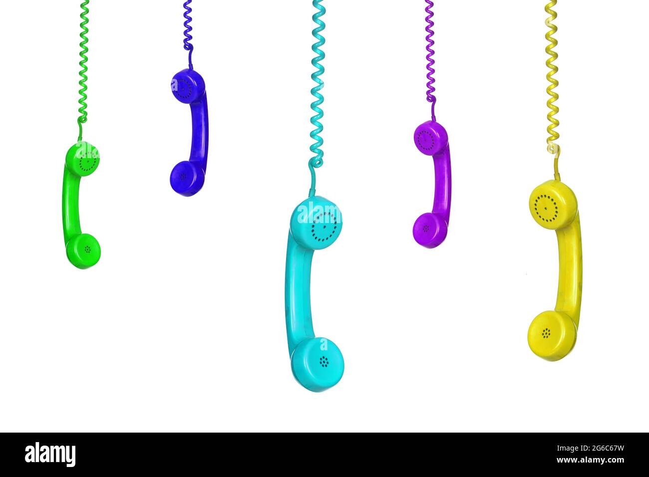 Many colorful vintage phones hanging isolated on a white background ...