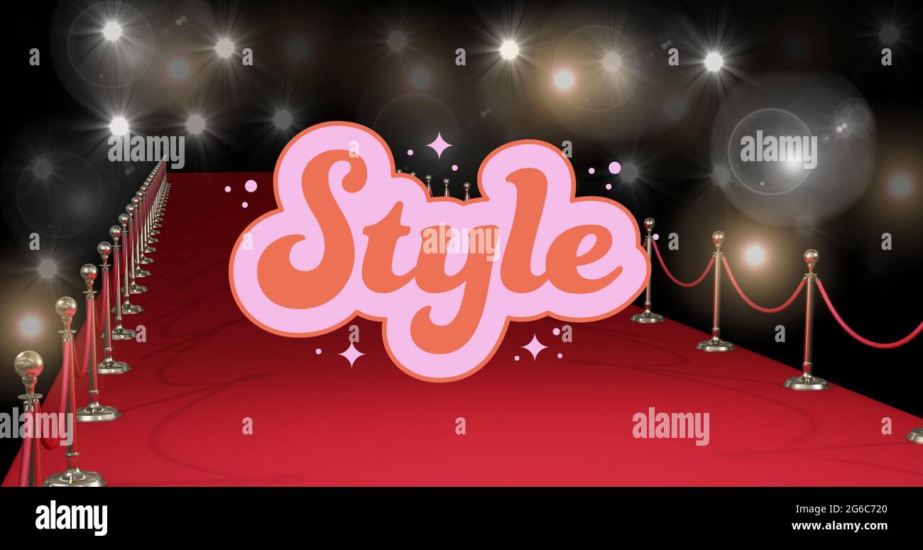 Composition of style text on red carpet at fashion show, on black ...