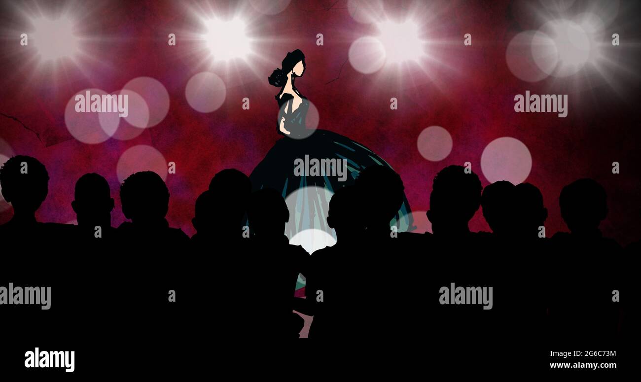 Composition of fashion drawing of model on catwalk at fashion show, on ...