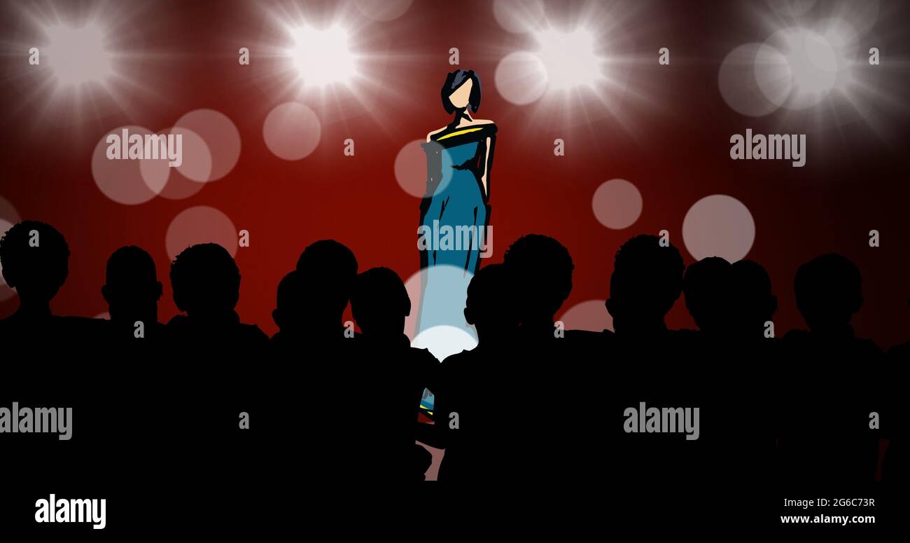 Composition of fashion drawing of model on catwalk at fashion show, on ...