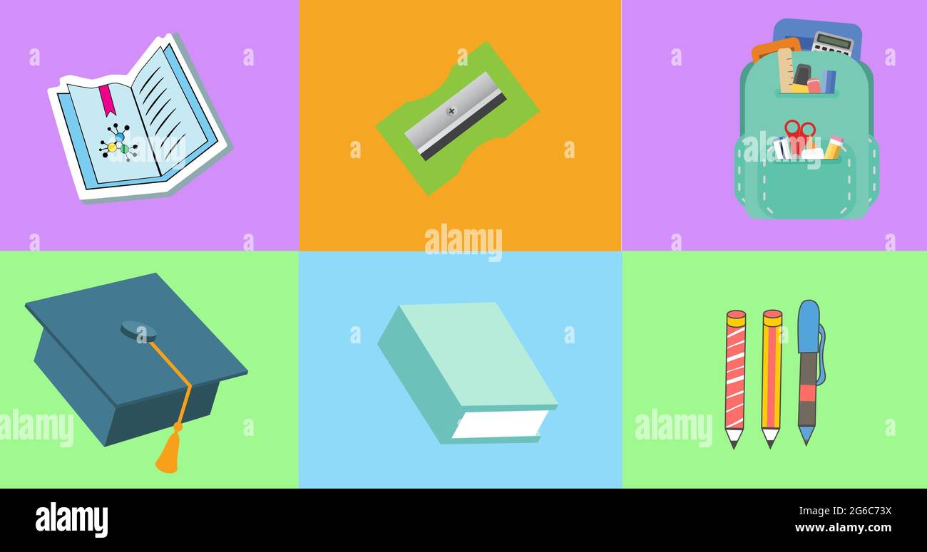 Composition of school items on six colourful squares Stock Photo - Alamy