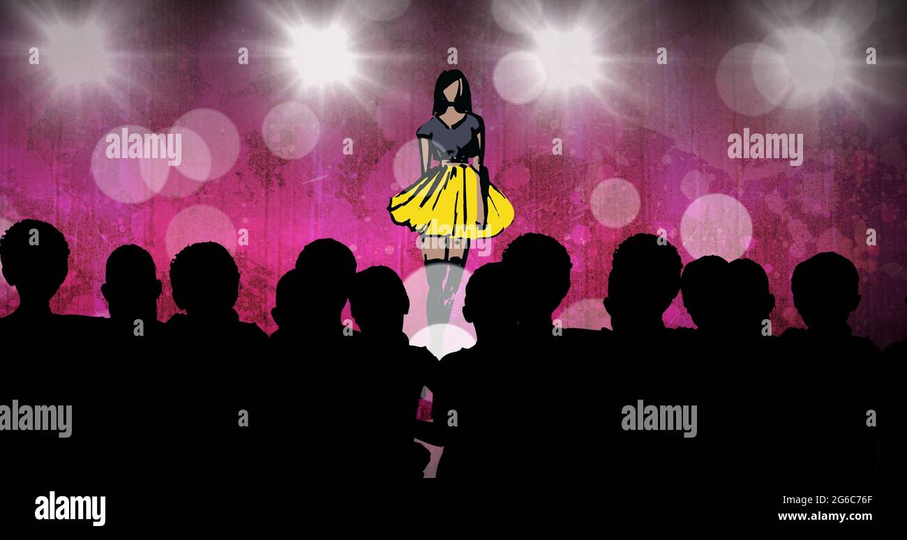 Composition of fashion drawing of model on catwalk at fashion show, on ...