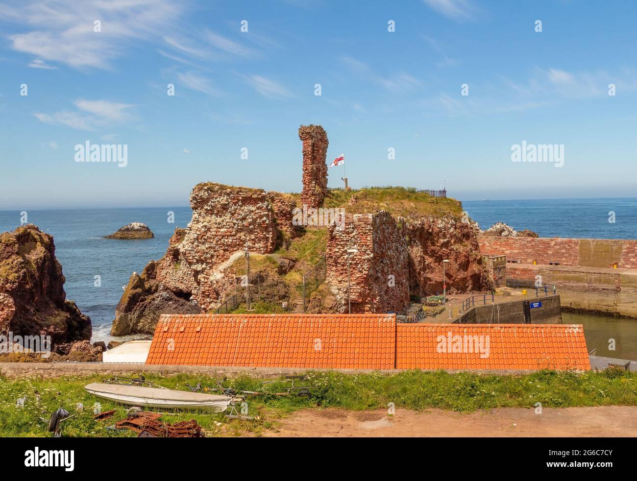Ruins of Dunbar Castle in Dunbar looking out to the River Forth on the ...