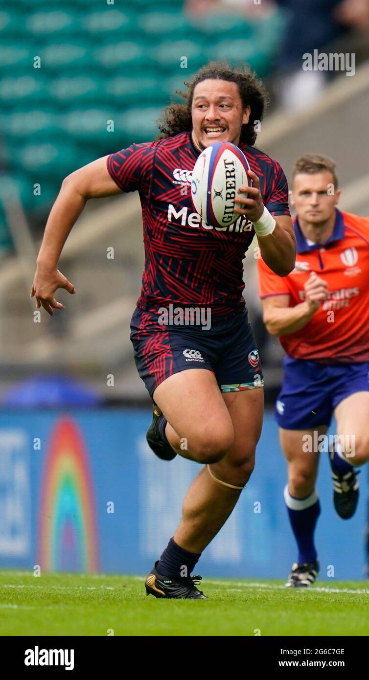USA Rugby's wing Mika Kruse makes a break during the England -V- USA ...