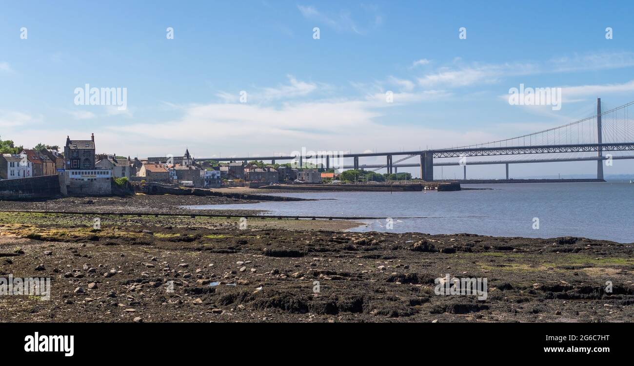 Forth Road Bridge and beach looking towards the town of South ...