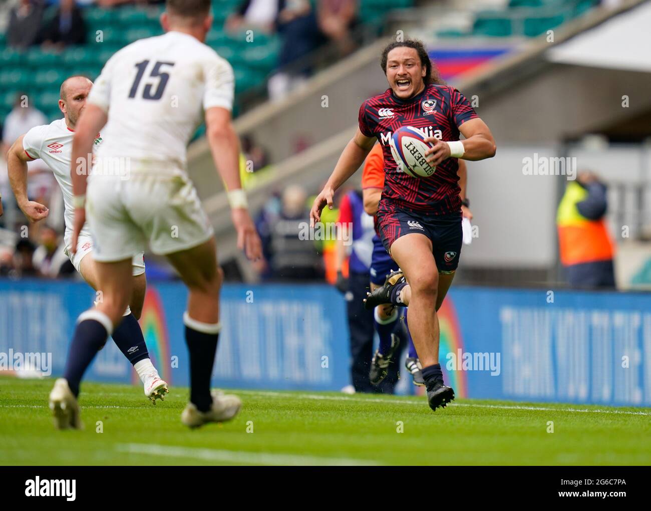 USA Rugby's wing Mika Kruse makes a break during the England -V- USA ...