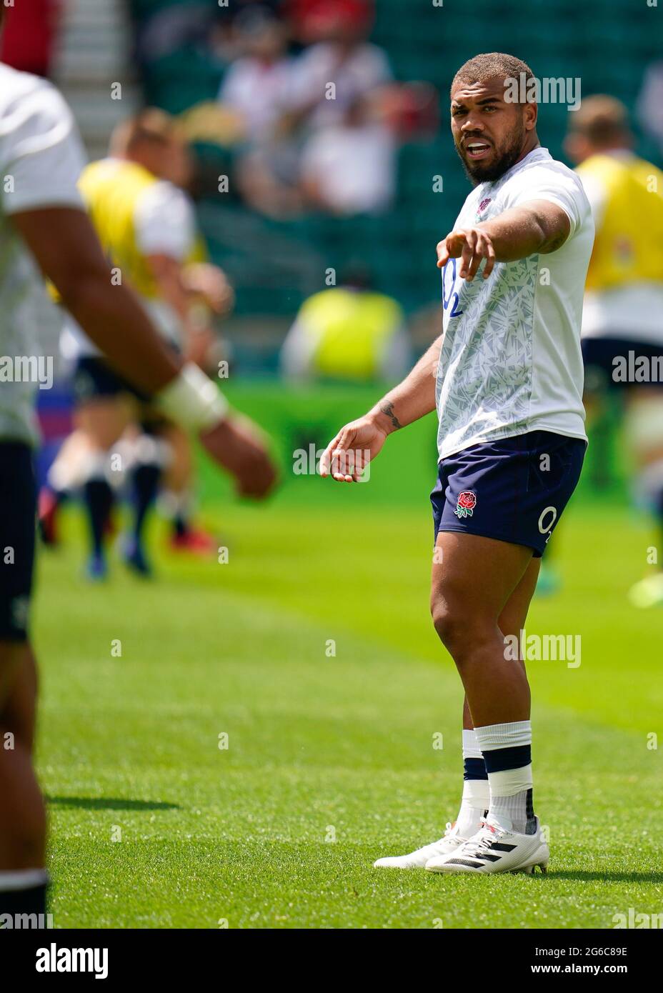 England centre Ollie Lawrence during the warm up before the England -V ...