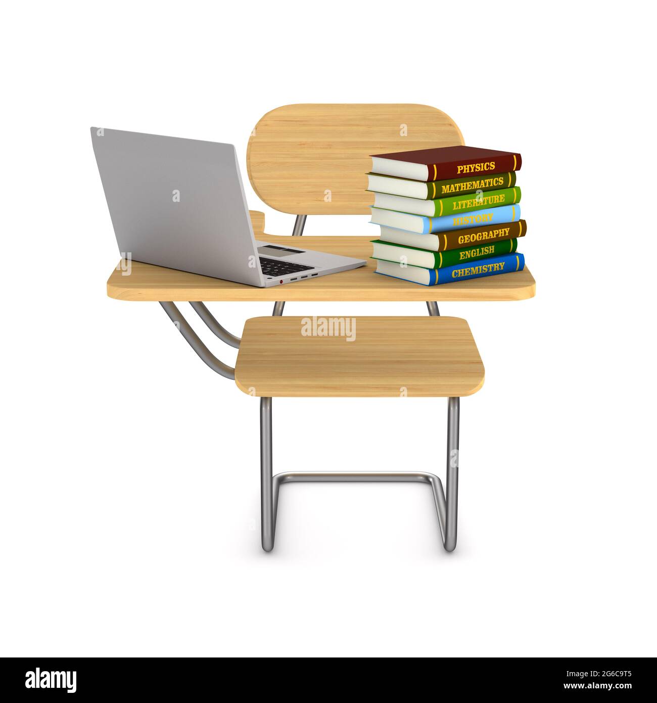 School desk, pile books and laptop on white background. Isolated 3D ...