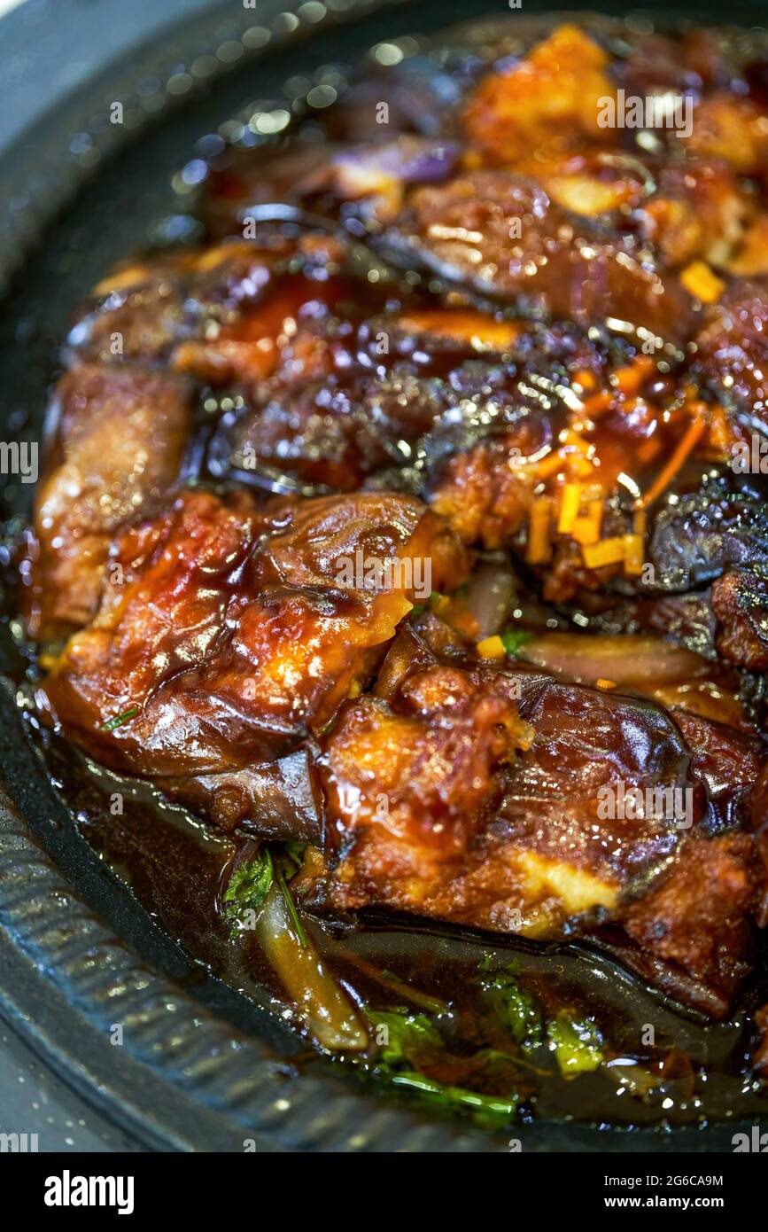 A delicious Chinese dish, meat patties with eggplant in braised sauce ...