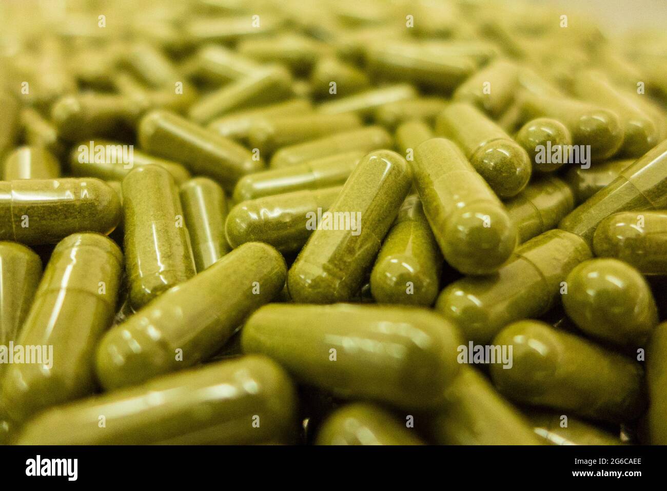 Green powdered herbal substance in a soft gel capsule Stock Photo - Alamy