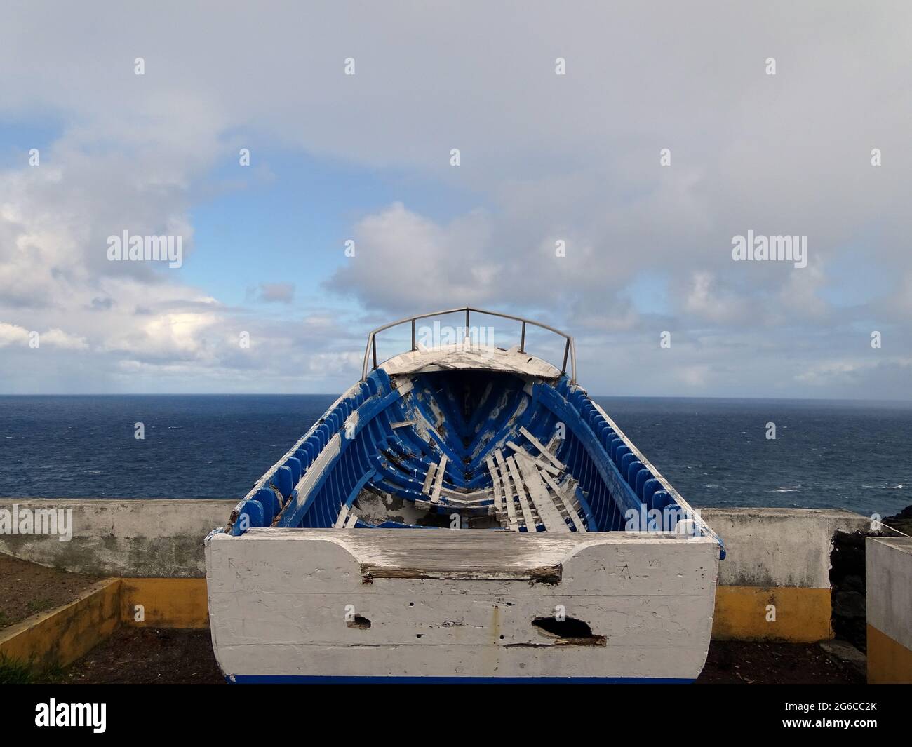 Old boat on land, viewpoint over the Atlantic ocean, Azores travel ...