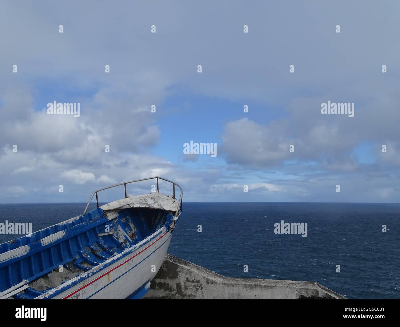 Old boat on land, viewpoint over the Atlantic ocean, Azores travel ...