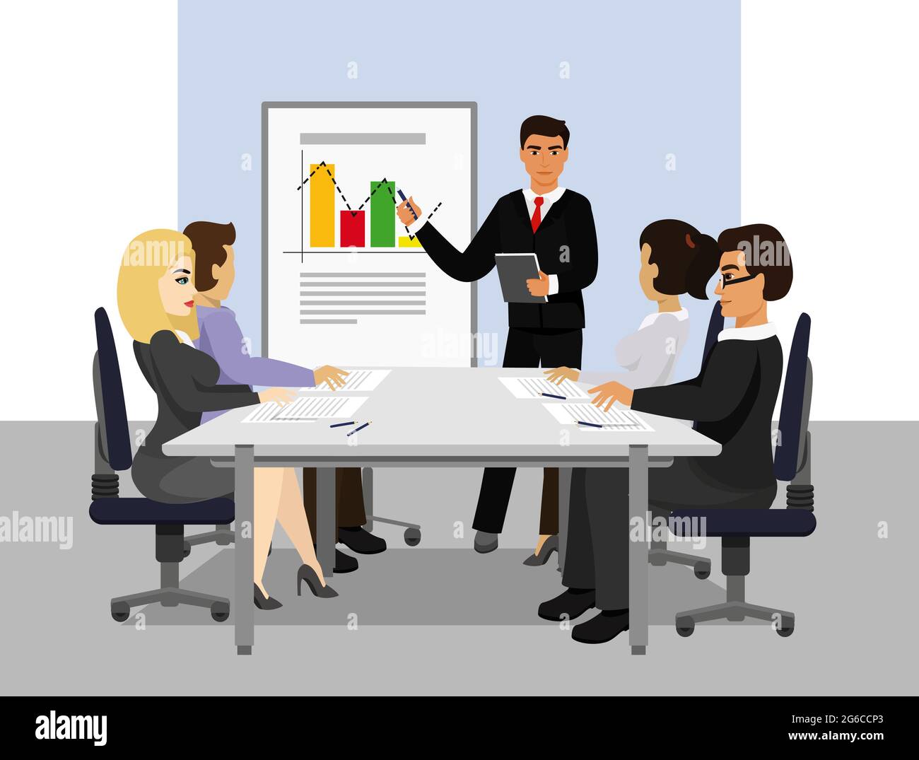 Vector illustration of presentation. Teamwork, manager businessman ...