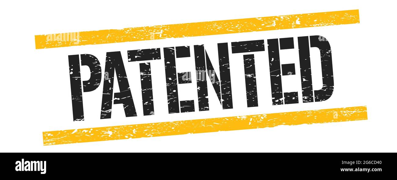 PATENTED text on black yellow grungy lines stamp sign Stock Photo - Alamy