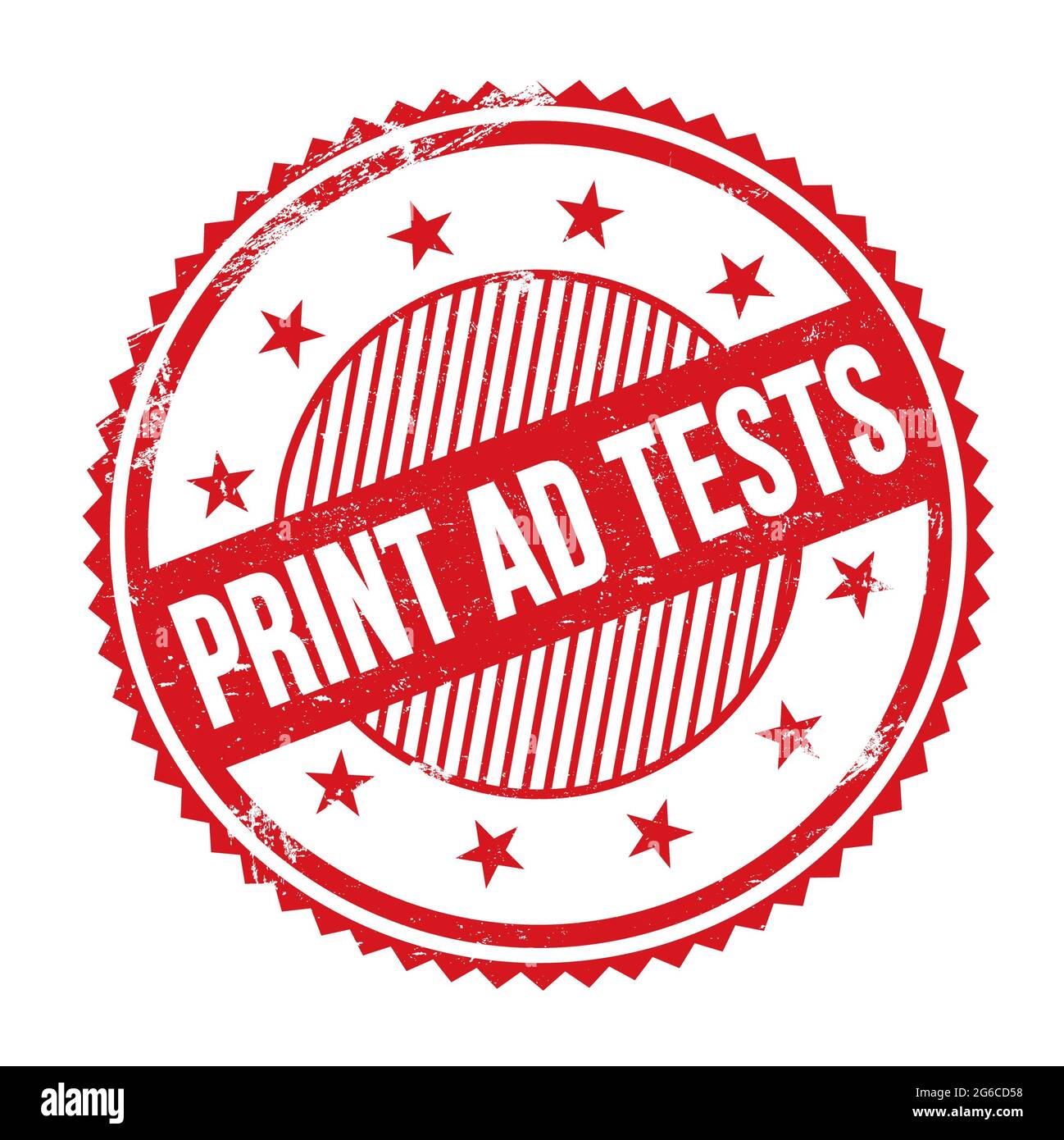 PRINT AD TESTS text written on red grungy zig zag borders round stamp ...