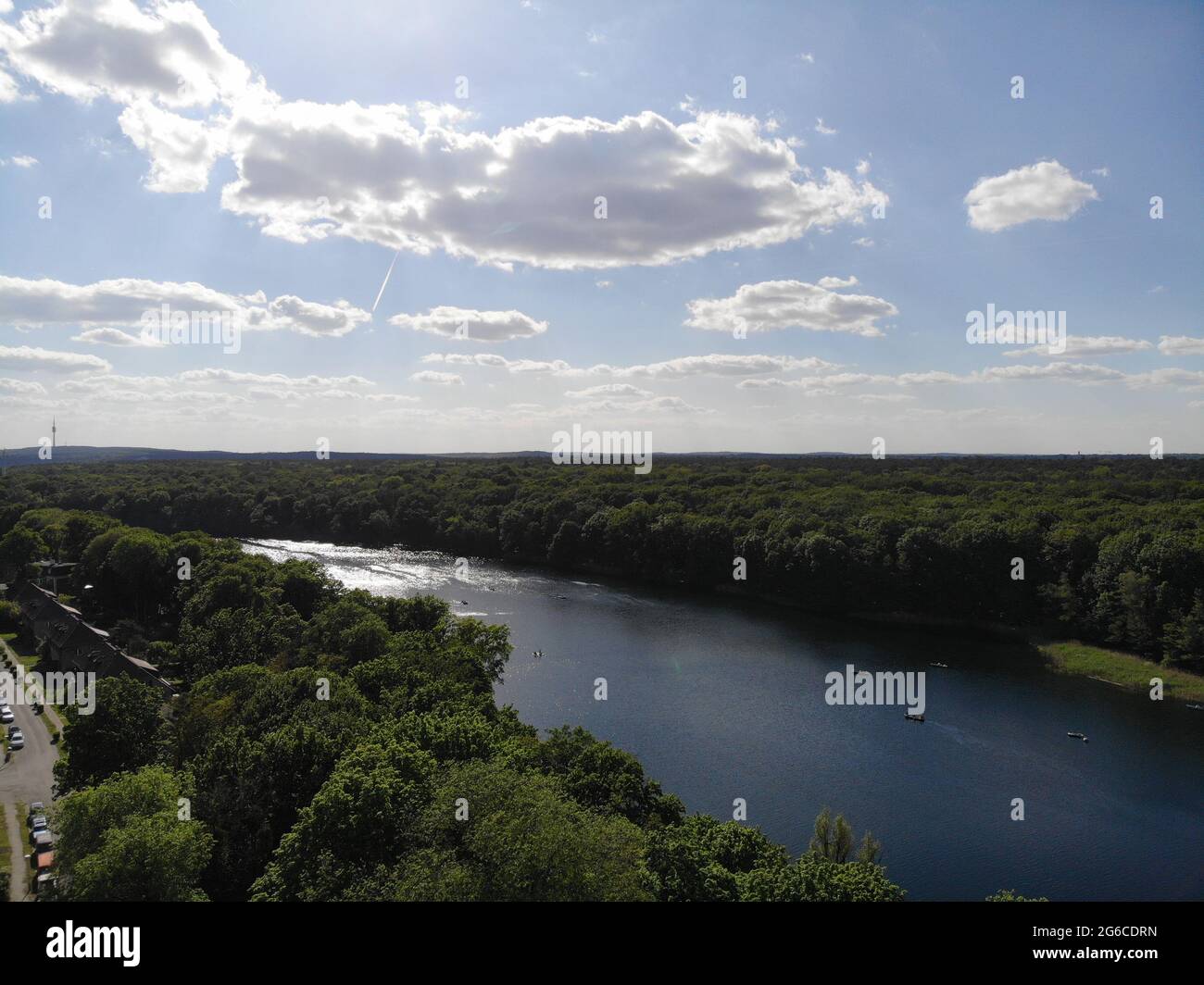 Aerial view of Schlachtensee, the most southerly in the Grunewald chain ...