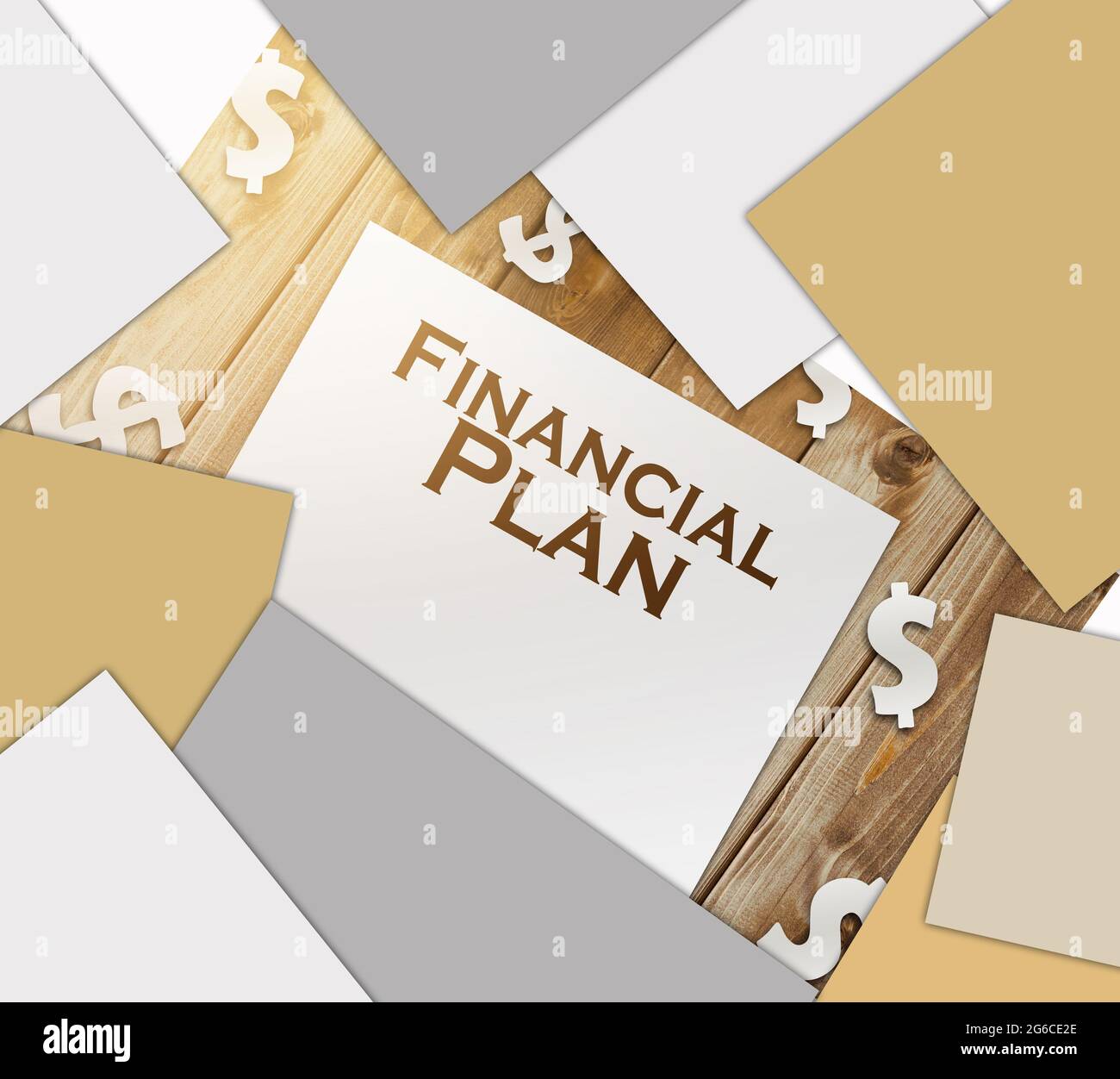 financial plan words on page and paper signs of dollar around. Business ...