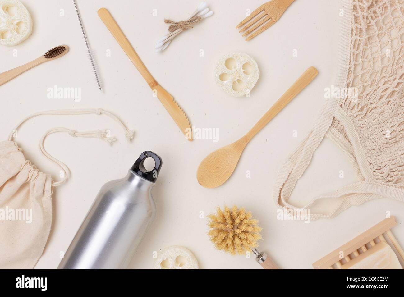 Pattern made of zero waste items on a beige background. No plastic ...