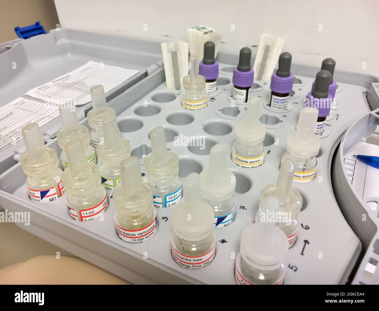 Set og bottles (tubes) with different allergens using for allergy skin ...