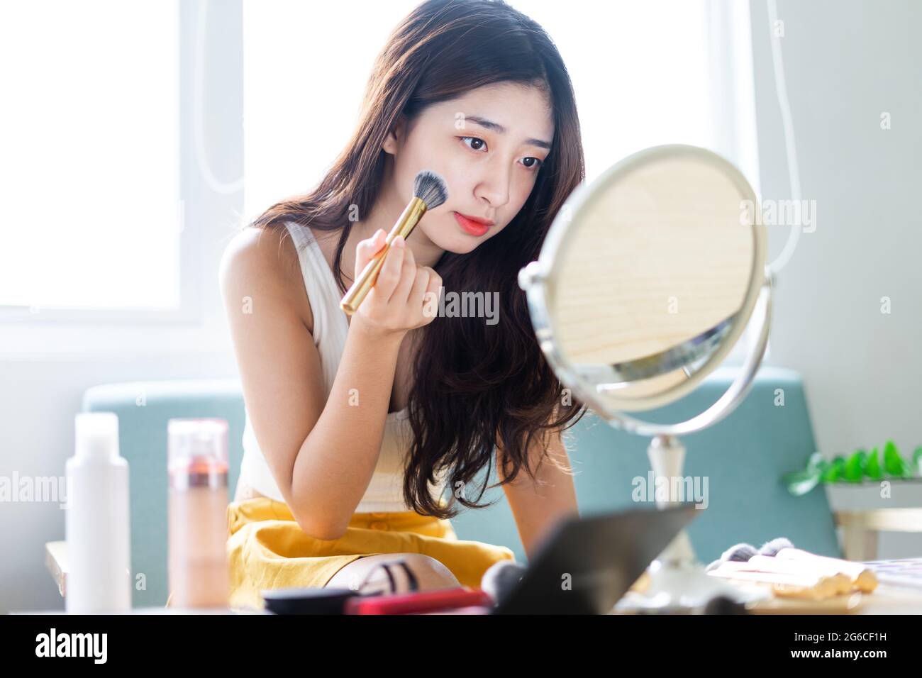 Portrait of beautiful young girl with makeup in the morning Stock Photo ...