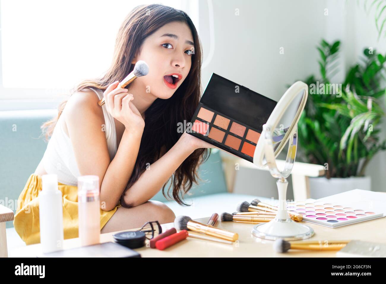 Portrait of beautiful young girl with makeup in the morning Stock Photo ...