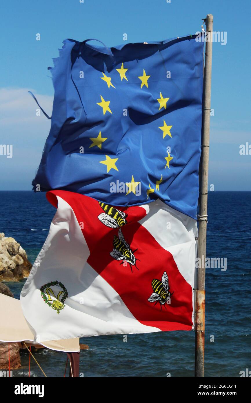 Elba island flag, province of Tuscany with European Union flag, Italy ...