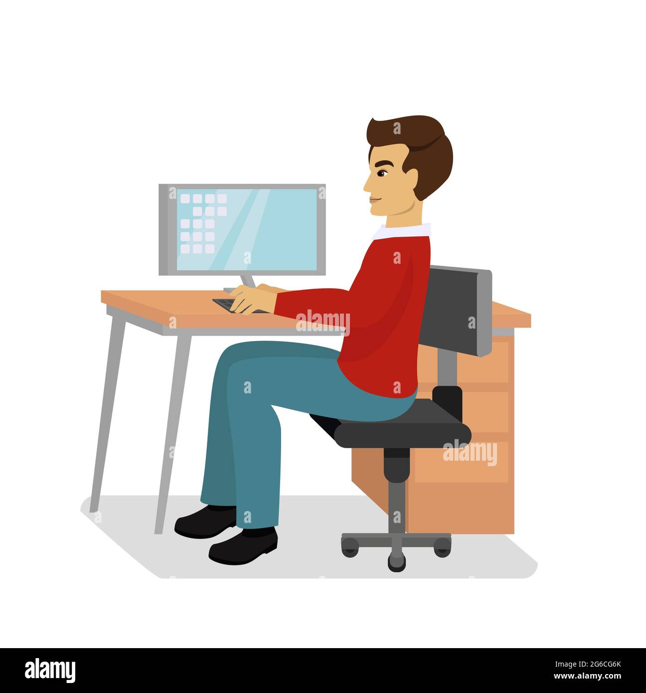 Vector illustration of businessman at the desk with a laptop and ...