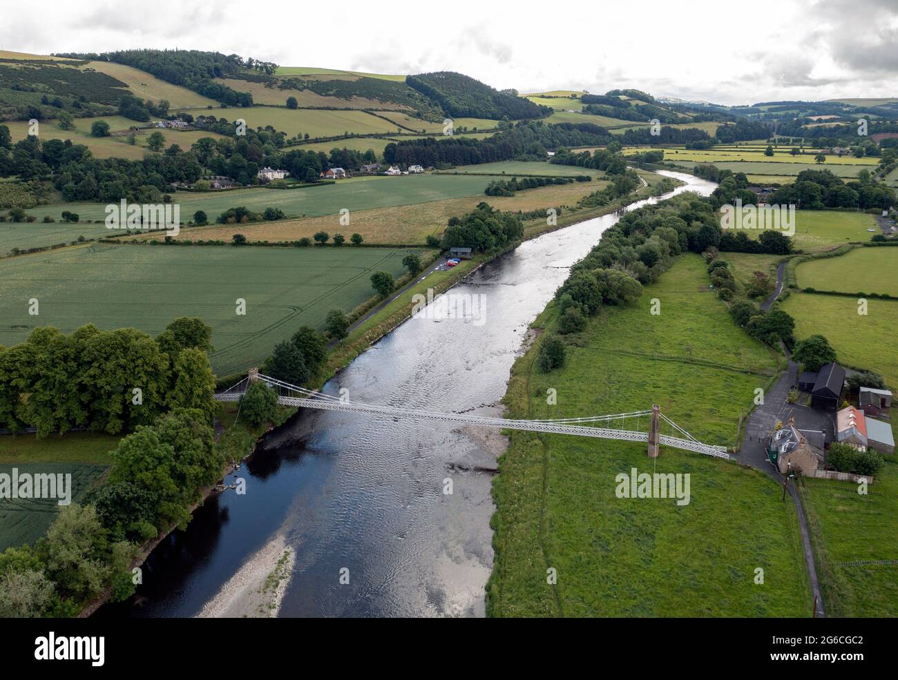 Aerial view of the Melrose chain suspension bridge crossing the River ...