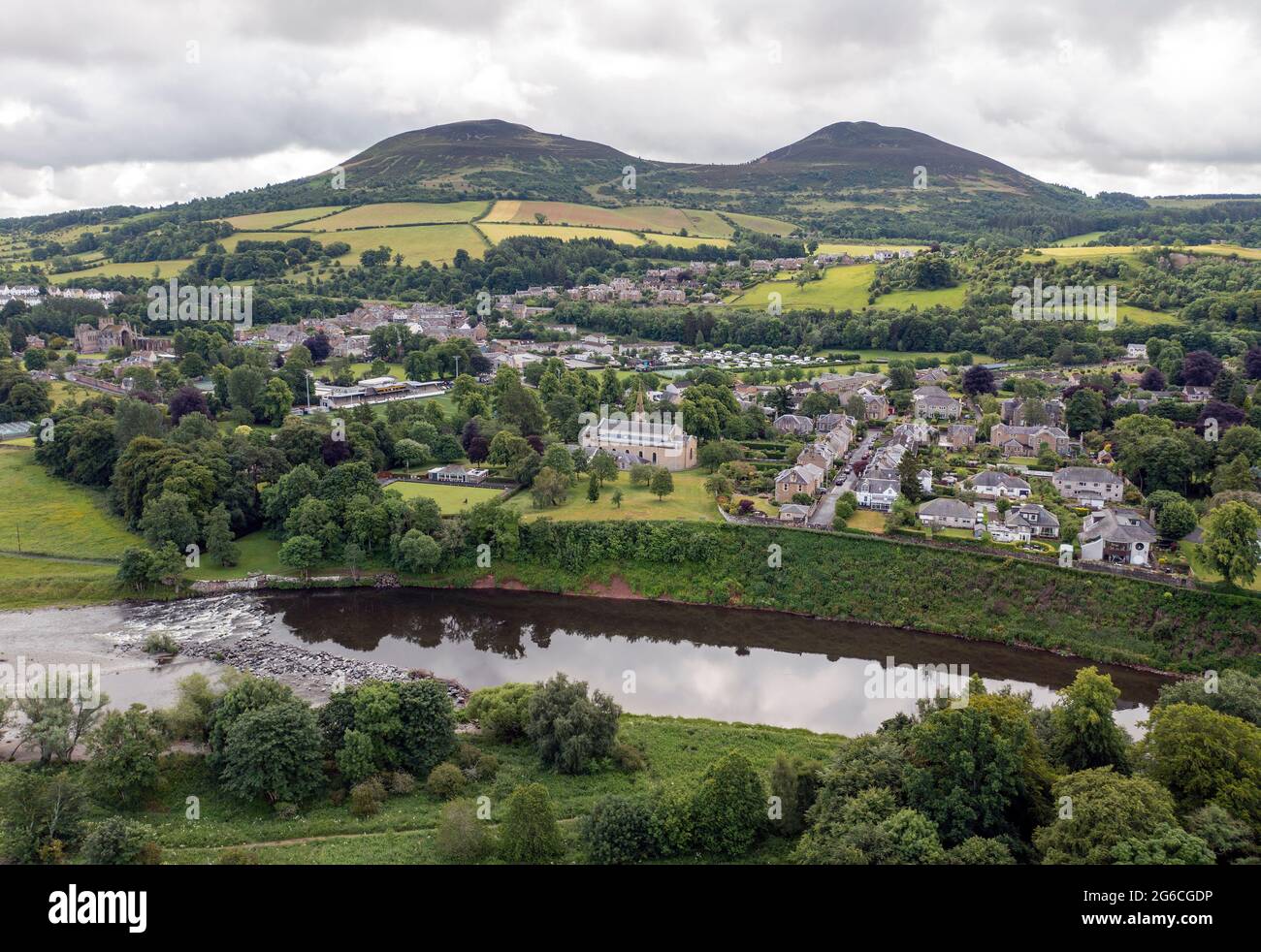 Aerial view of the Eildon Hills and Melrose town centre on the banks of ...