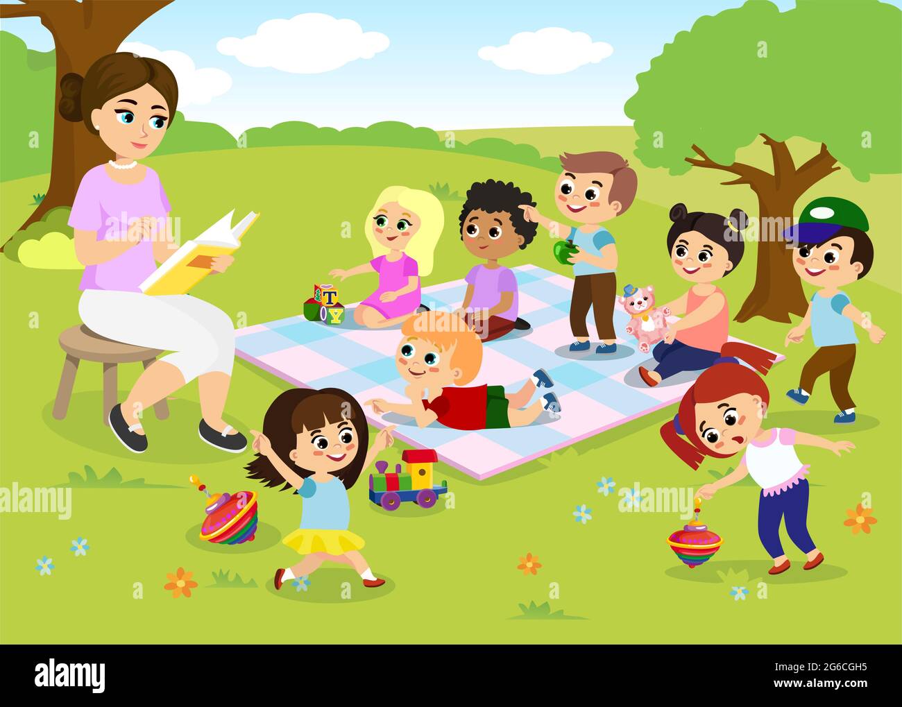 Vector illustration of children s activities at the summer camp, kids ...