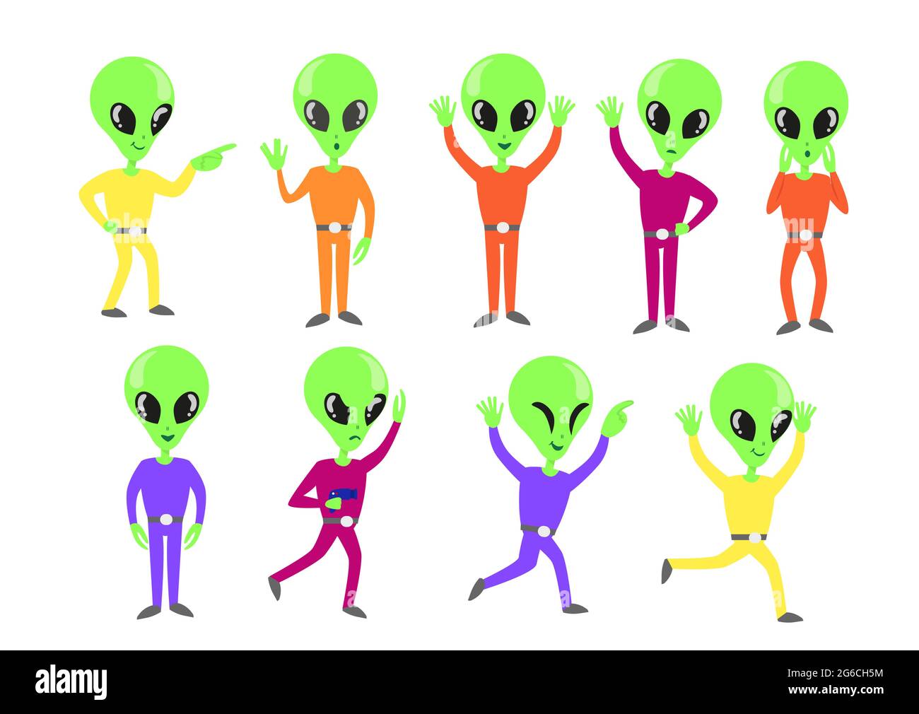 Vector illustration set of happy green aliens characters in different ...