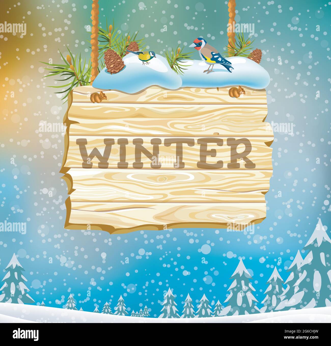 Winter landscape and wooden signboard and beautiful birds Stock Vector ...