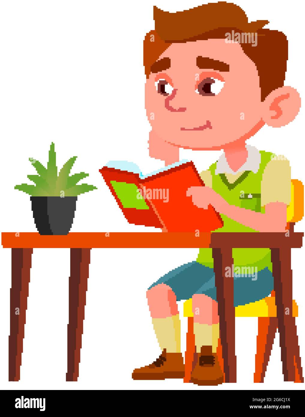 Boy Child Reading Interesting Book At Table Vector Stock Vector Image ...