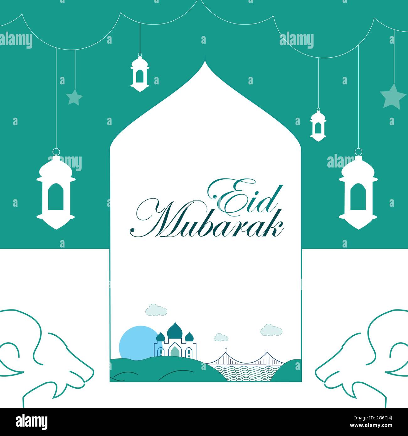 Illustration of Eid Mubarak. Background is decorated with outline of ...