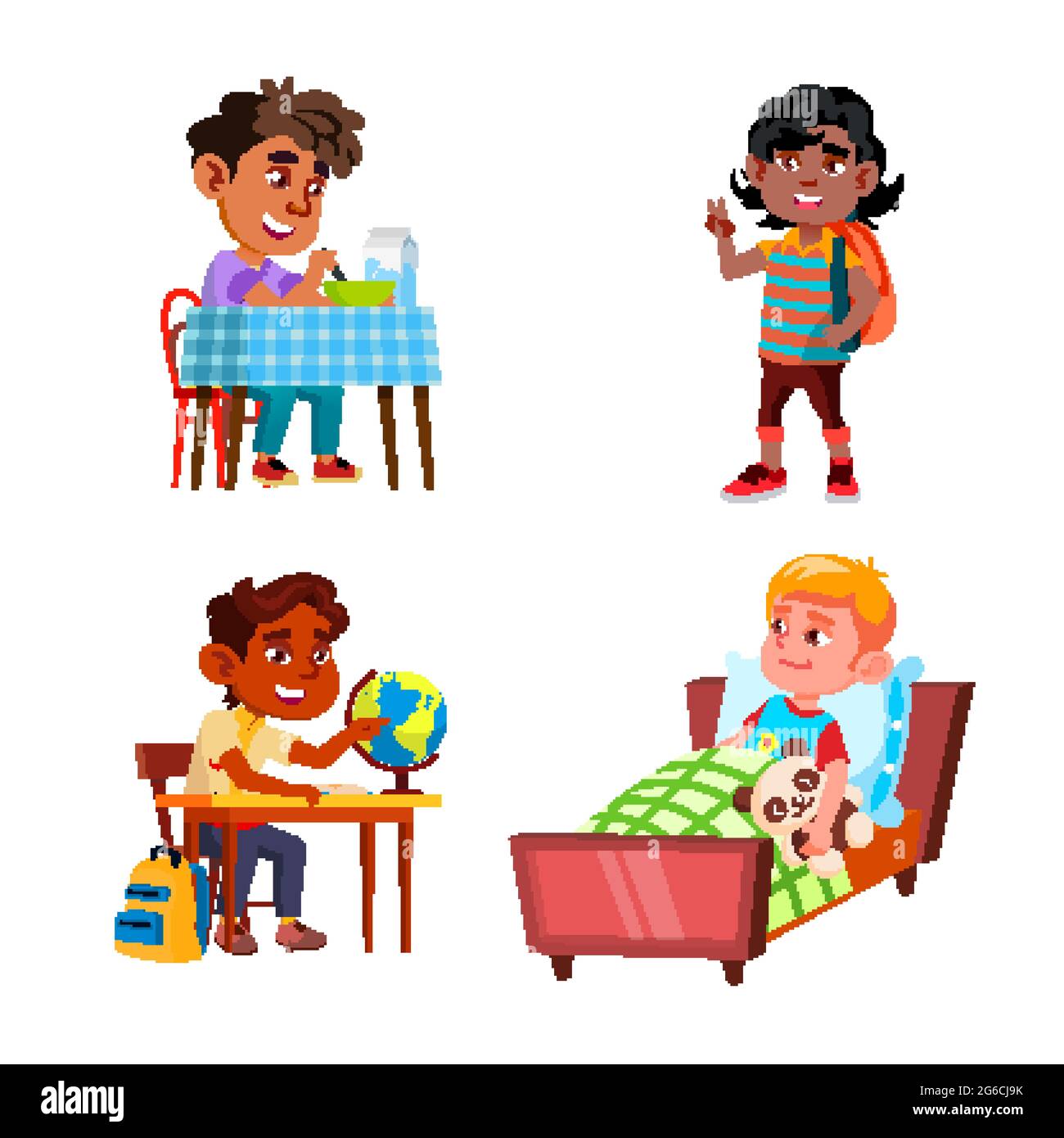 Boys Kids Doing Daily Routine Activity Set Vector Stock Vector Image ...