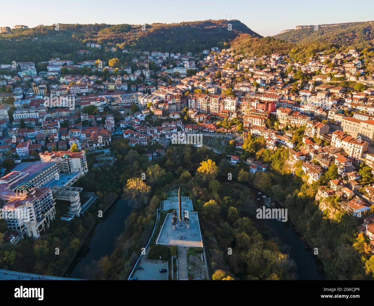 Amazing Aerial Sunset view of city of Veliko Tarnovo, Bulgaria Stock ...