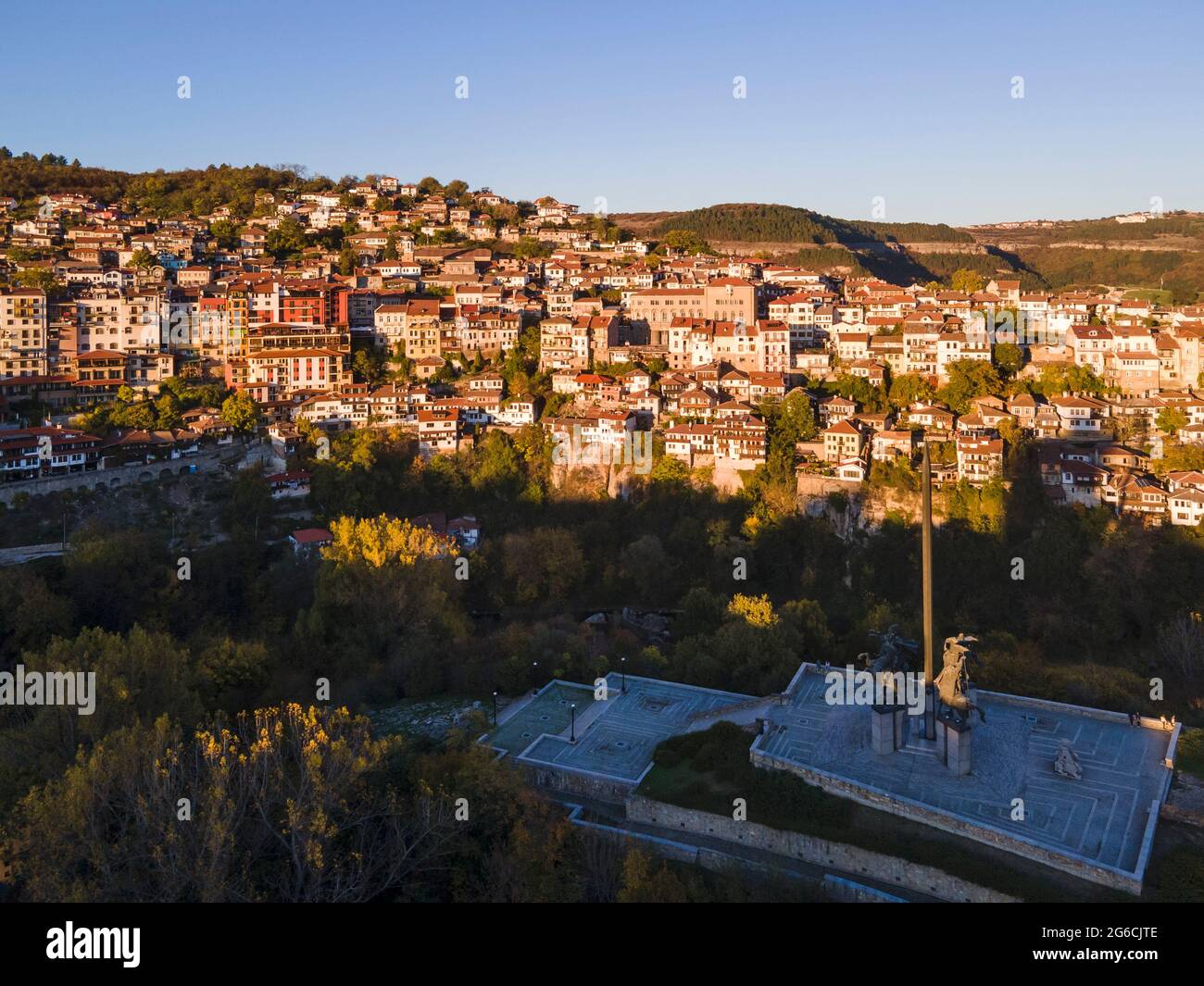 Amazing Aerial Sunset view of city of Veliko Tarnovo, Bulgaria Stock ...
