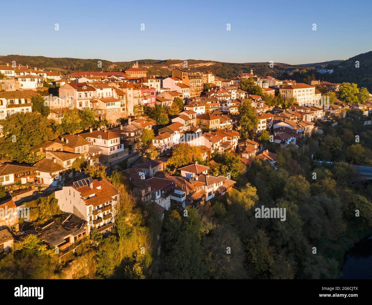 Amazing Aerial Sunset view of city of Veliko Tarnovo, Bulgaria Stock ...