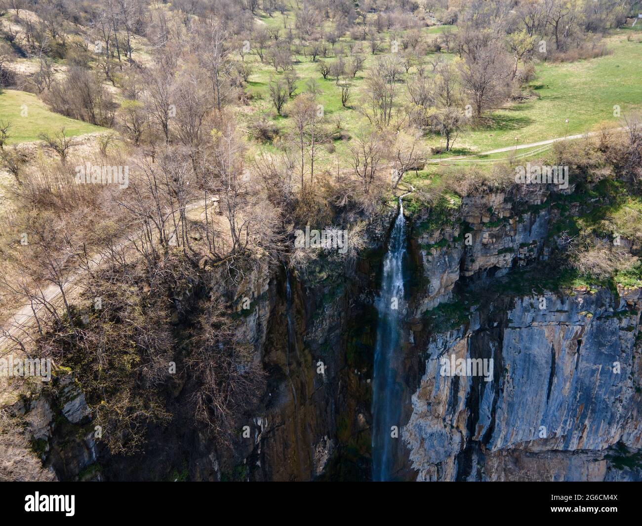 Aerial view of Skaklya Waterfall near village of Zasele, Balkan ...