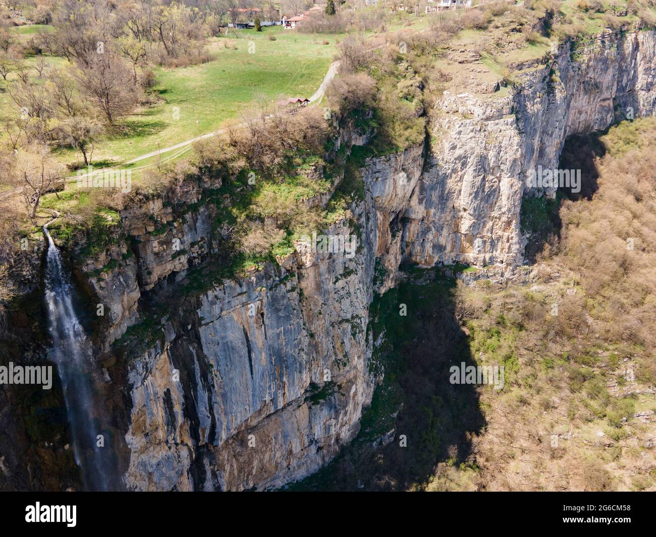 Aerial view of Skaklya Waterfall near village of Zasele, Balkan ...