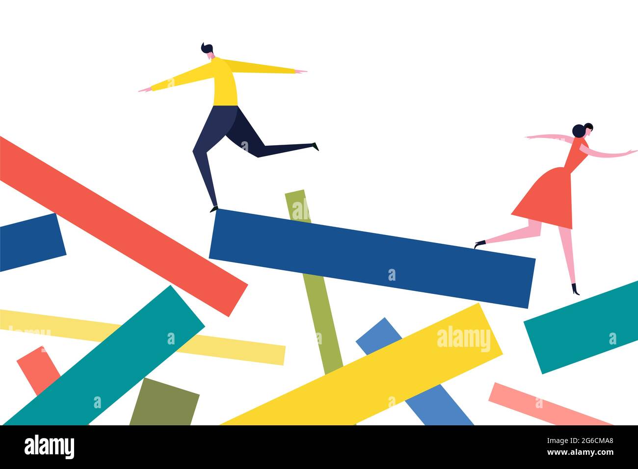 Illustration of a couple jumping over collapsing blocks Stock Vector ...